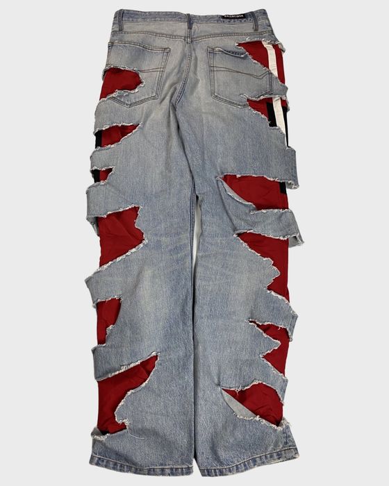 Balenciaga Slashed jeans in blue with red sporty b trackpants layering ...