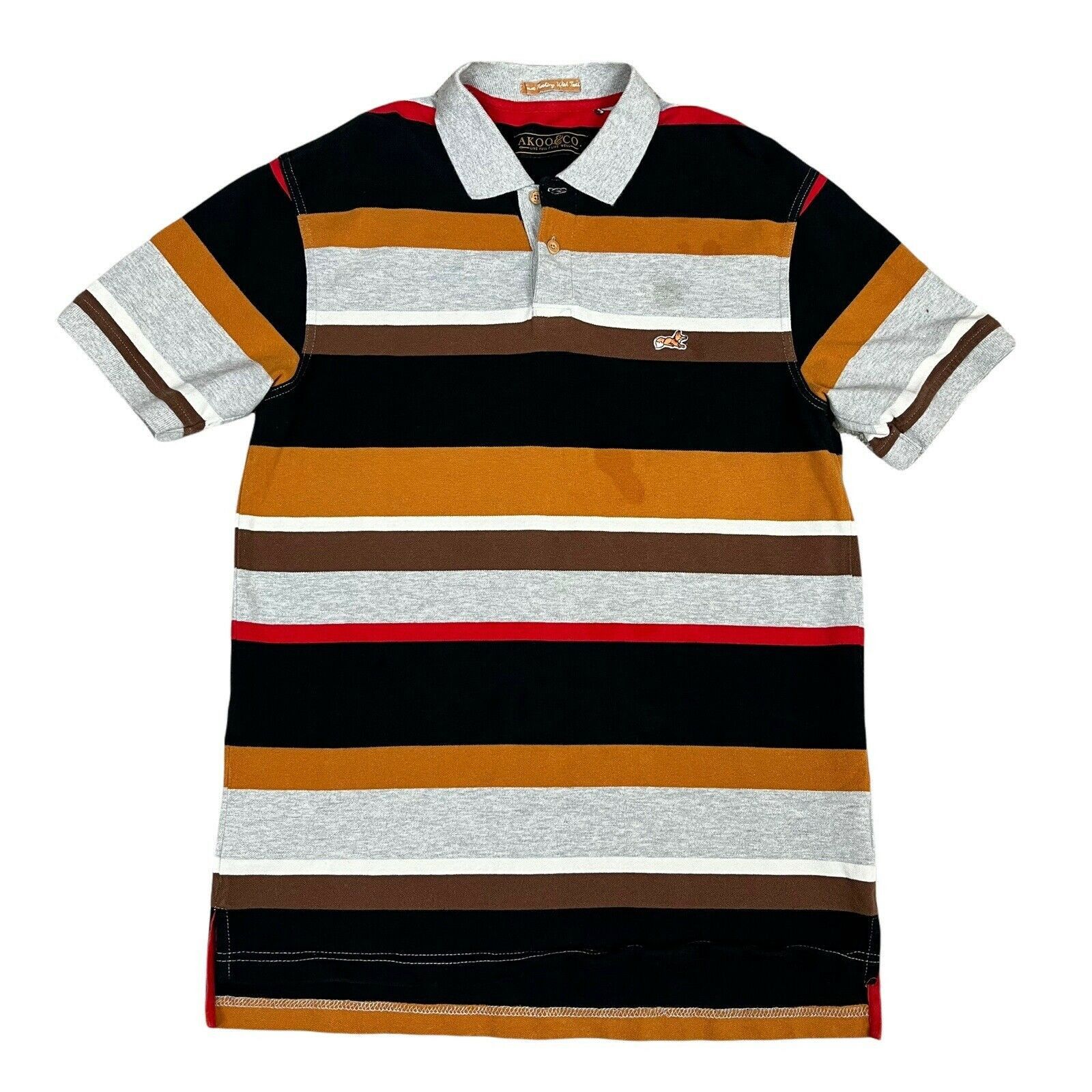 Akoo Akoo Polo Shirt Mens Large Gray Brown Striped Cotton Casual ...