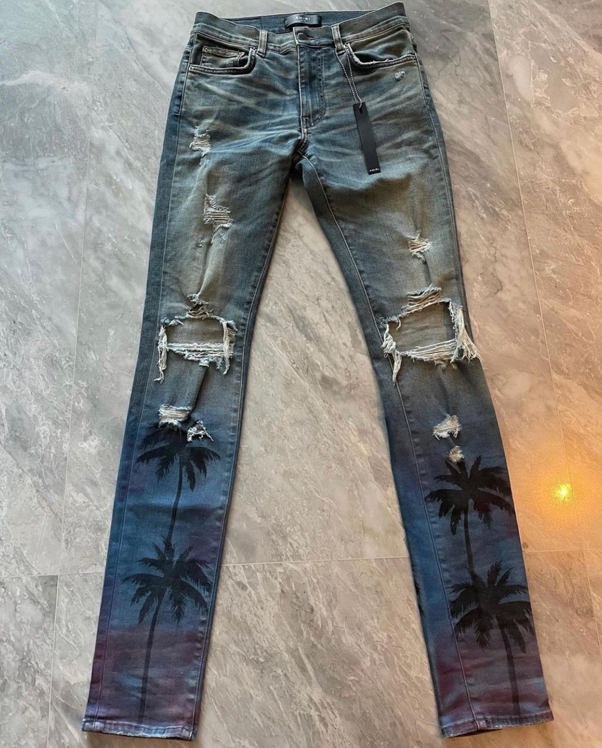 Amiri Amiri Indigo Palm Tree Thrasher Jeans | Grailed