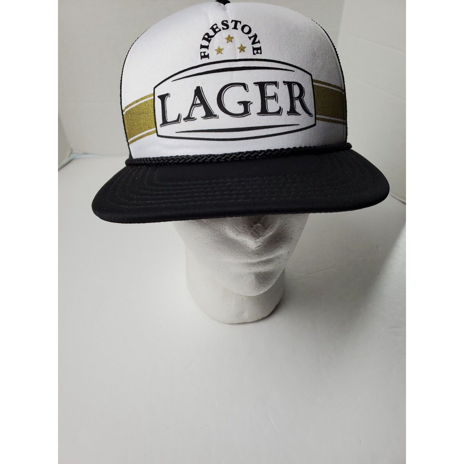 Vintage Firestone Lager Trucker Hat Cap Black White Mesh SnapBack ...