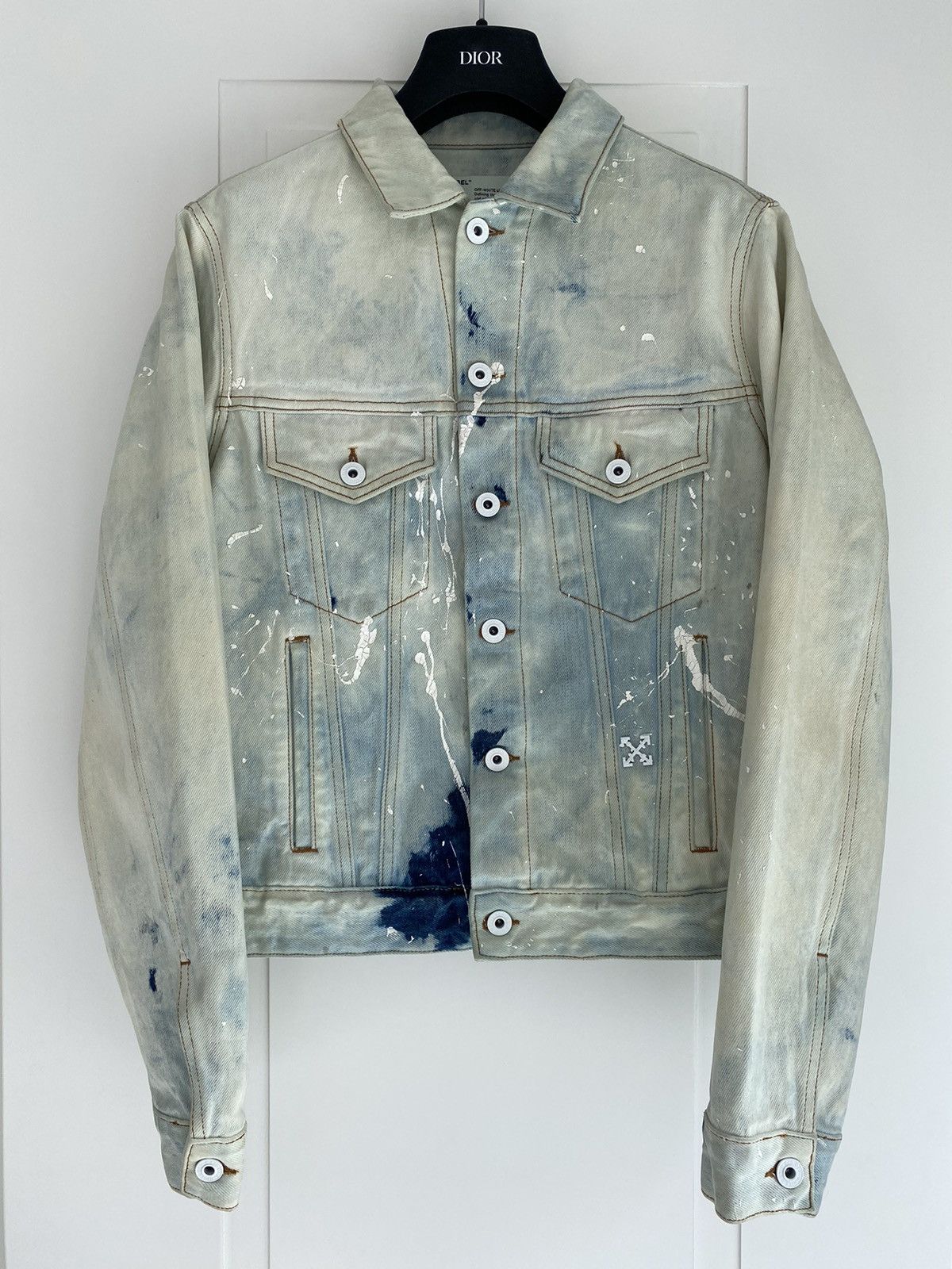 Off-White SAMPLE Off-White paint splatter arrow logo bleached jacket ...