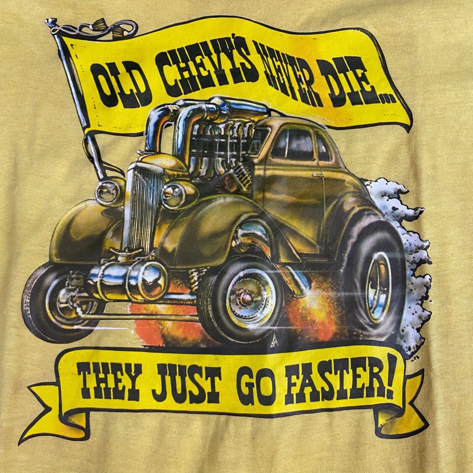 Vintage Hot Rod Chevy T-shirt M Yellow Vintage 1976 Roach Made in US ...