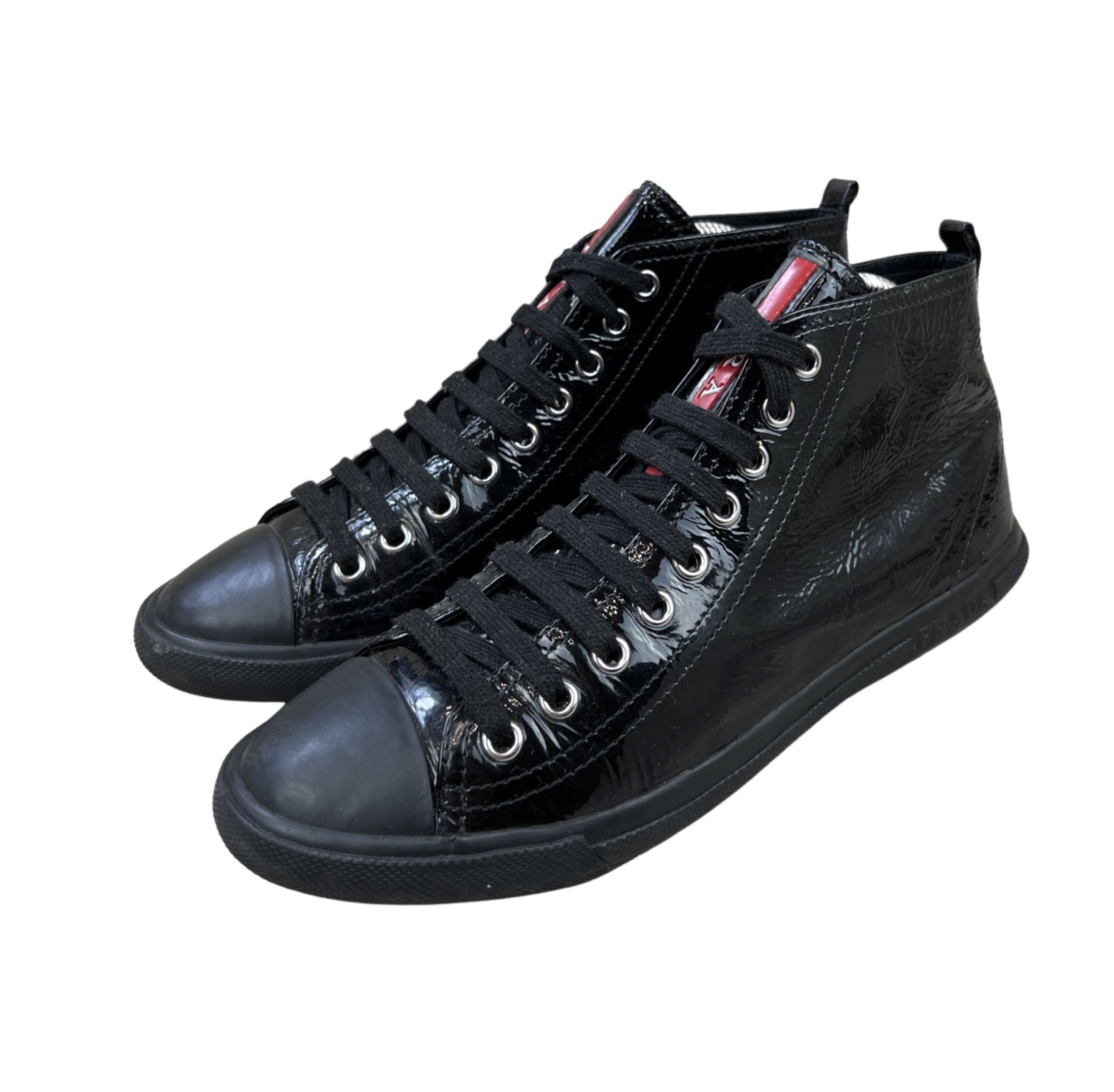 Prada Prada Black Patent Leather Hi Top Sneakers Red Line Logo | Grailed