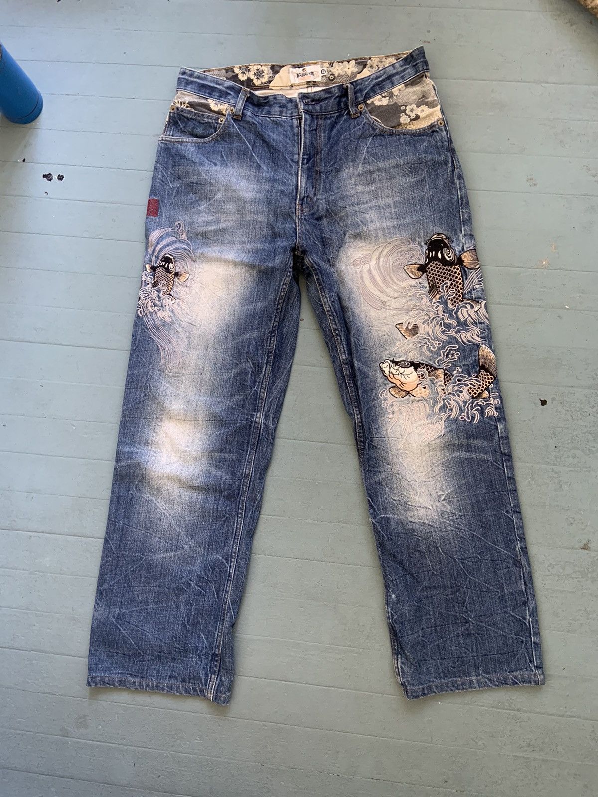 Japanese Brand × Streetwear × Vintage Faded Koi Fish Embroidered Pants ...
