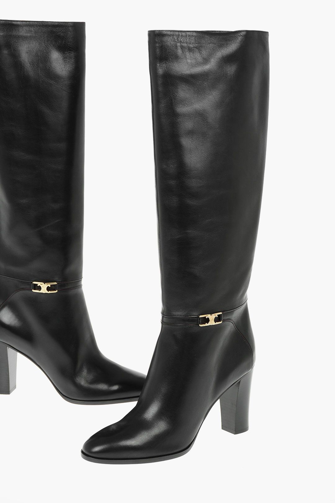 Celine Celine Leather Claude Knee High Boots With Metal Logo | Grailed