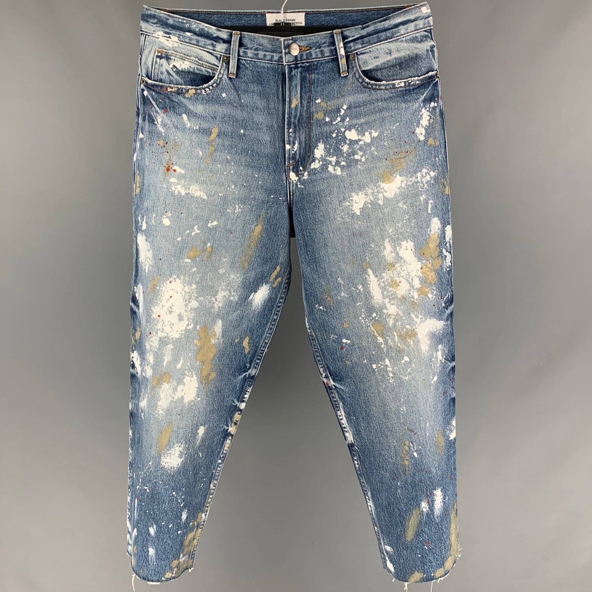 Frame x JORDAN BARRETT Blue Splattered Denim Zip Fly Jeans | Grailed
