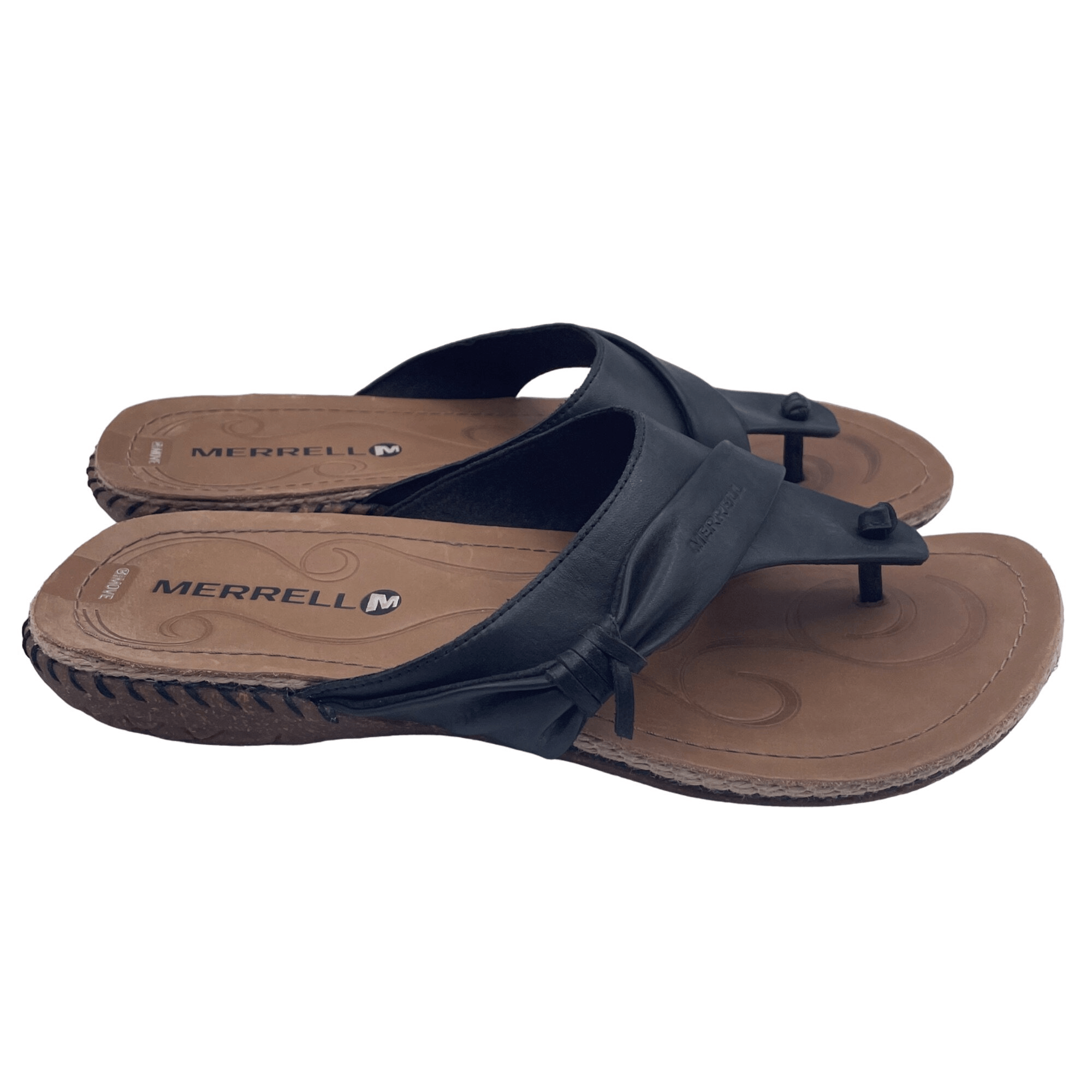 Merrell Merrell Move Black Leather Thong Flat Sandals Select Grip Ou ...