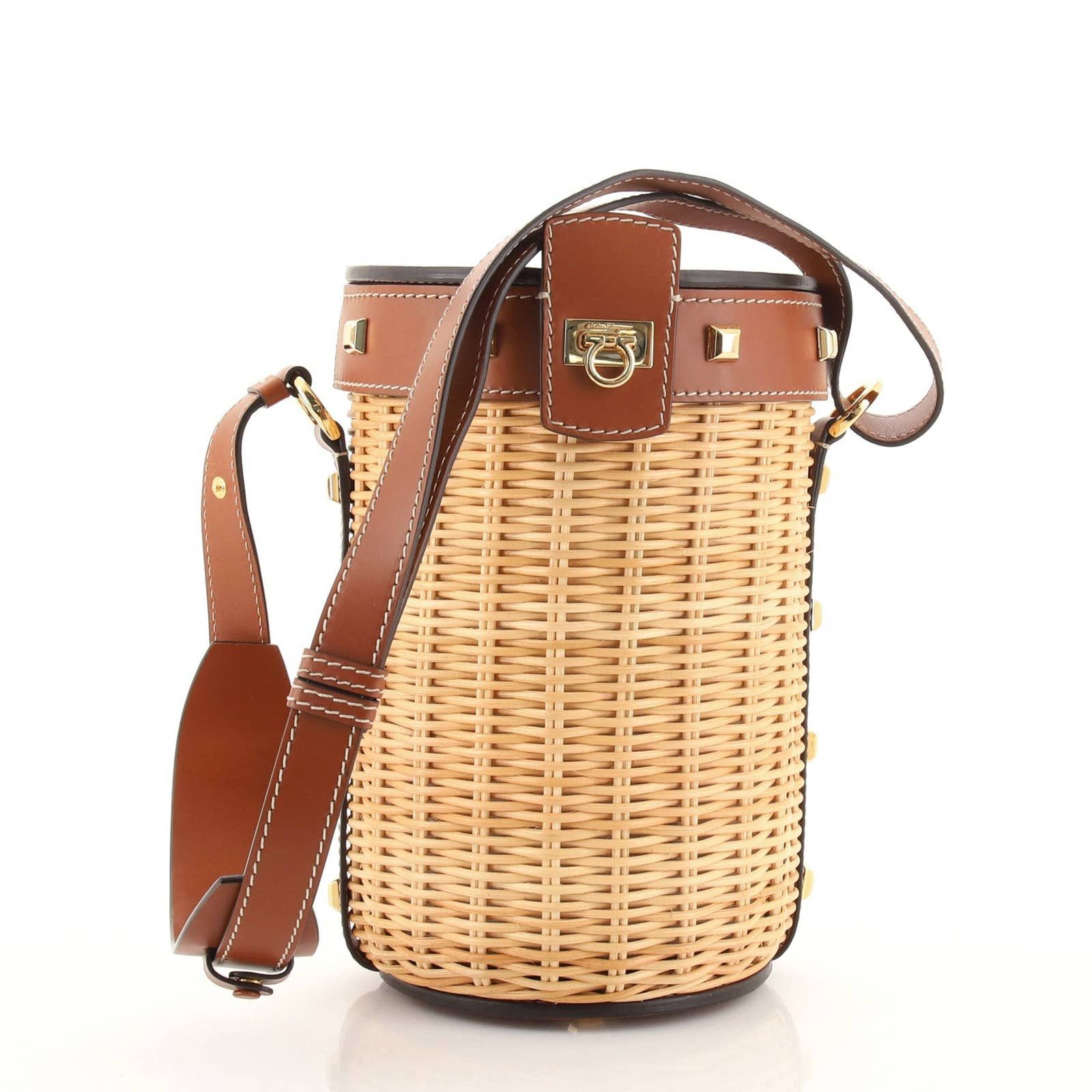 Salvatore Ferragamo Gancini Drawstring Bucket Bag Wicker with Studded ...