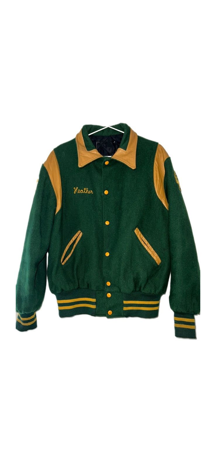 Varsity Jacket × Vintage VINTAGE GREEN VARSITY JACKET w/ CARAMEL ...