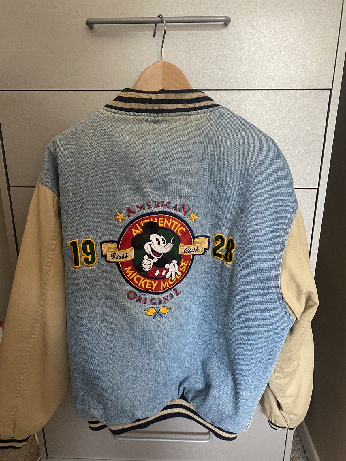 Disney Vintage Denim Mickey Mouse Bomber Letterman Jacket | Grailed