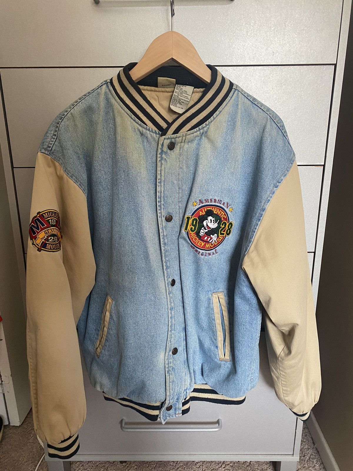 Disney Vintage Denim Mickey Mouse Bomber Letterman Jacket | Grailed