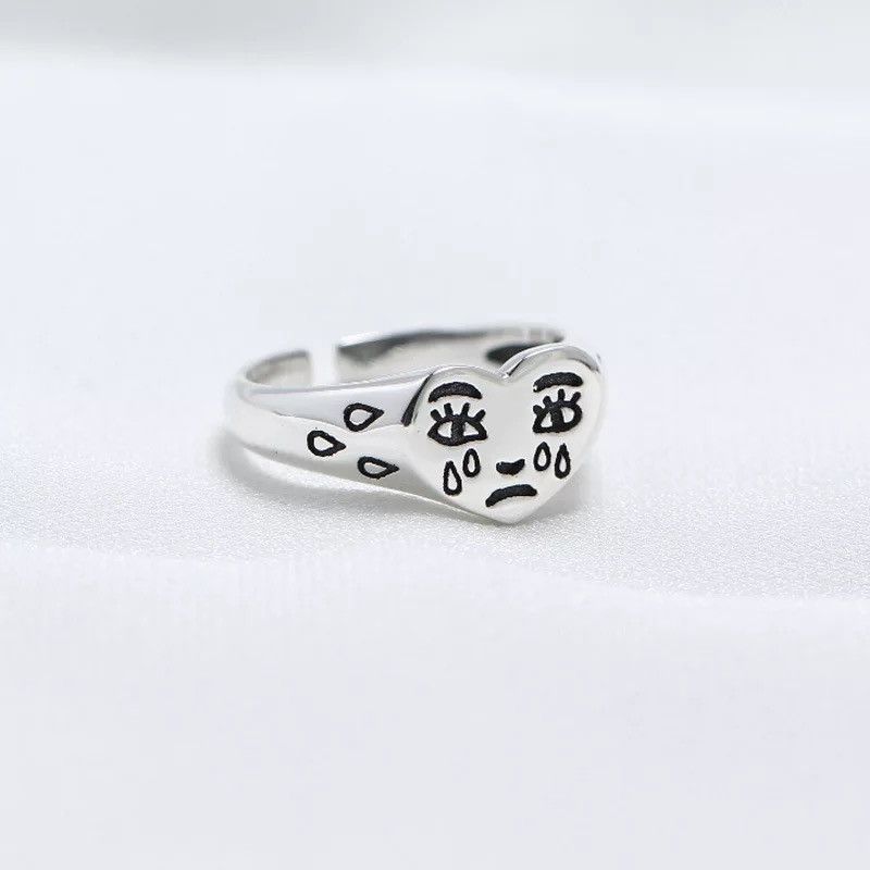 Jewelry × Streetwear × Vintage Sad Face Heart Ring Art Silver Laugh Cry ...