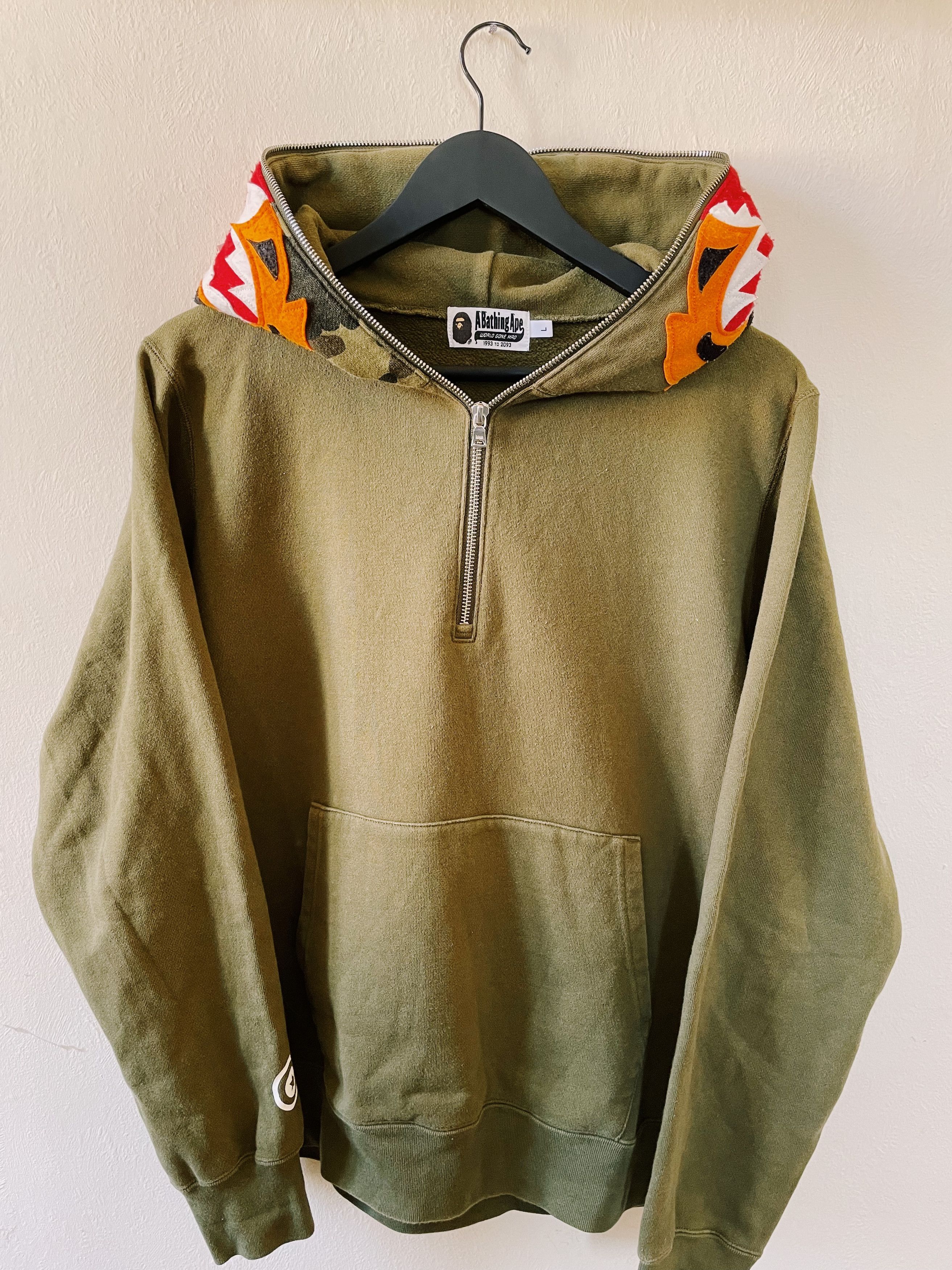 Bape Bape A Bathing Ape Tiger Half Zip Pullover Hoodie Olive | Grailed