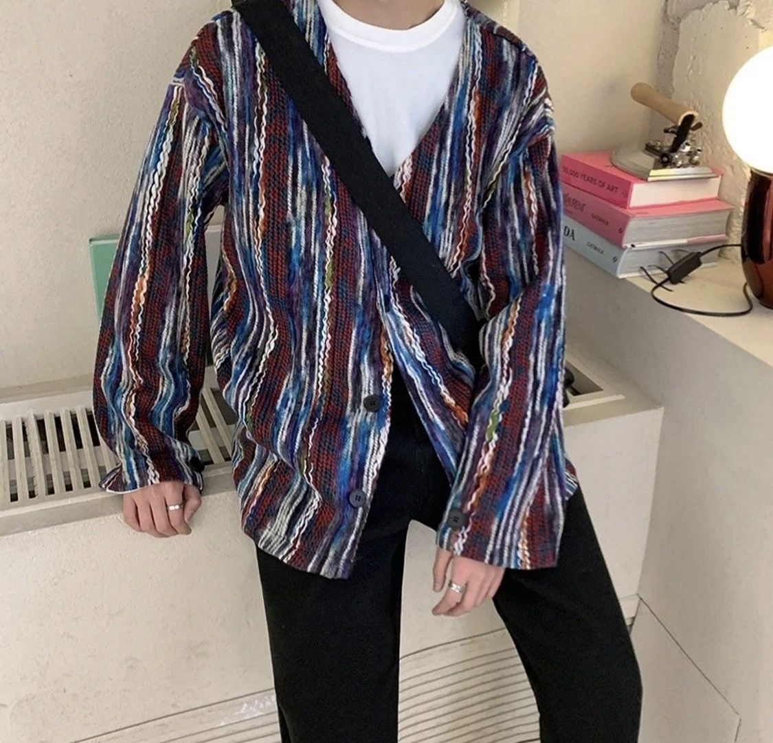 Cardigan × Coloured Cable Knit Sweater × Streetwear Stripped Raw Pattern Knit Cardigan Sweater ...