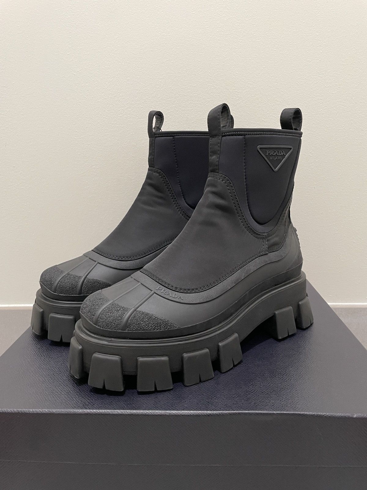 Prada Monolith Re-Nylon Gabardine Black Duck Rubber boots - FW22 | Grailed