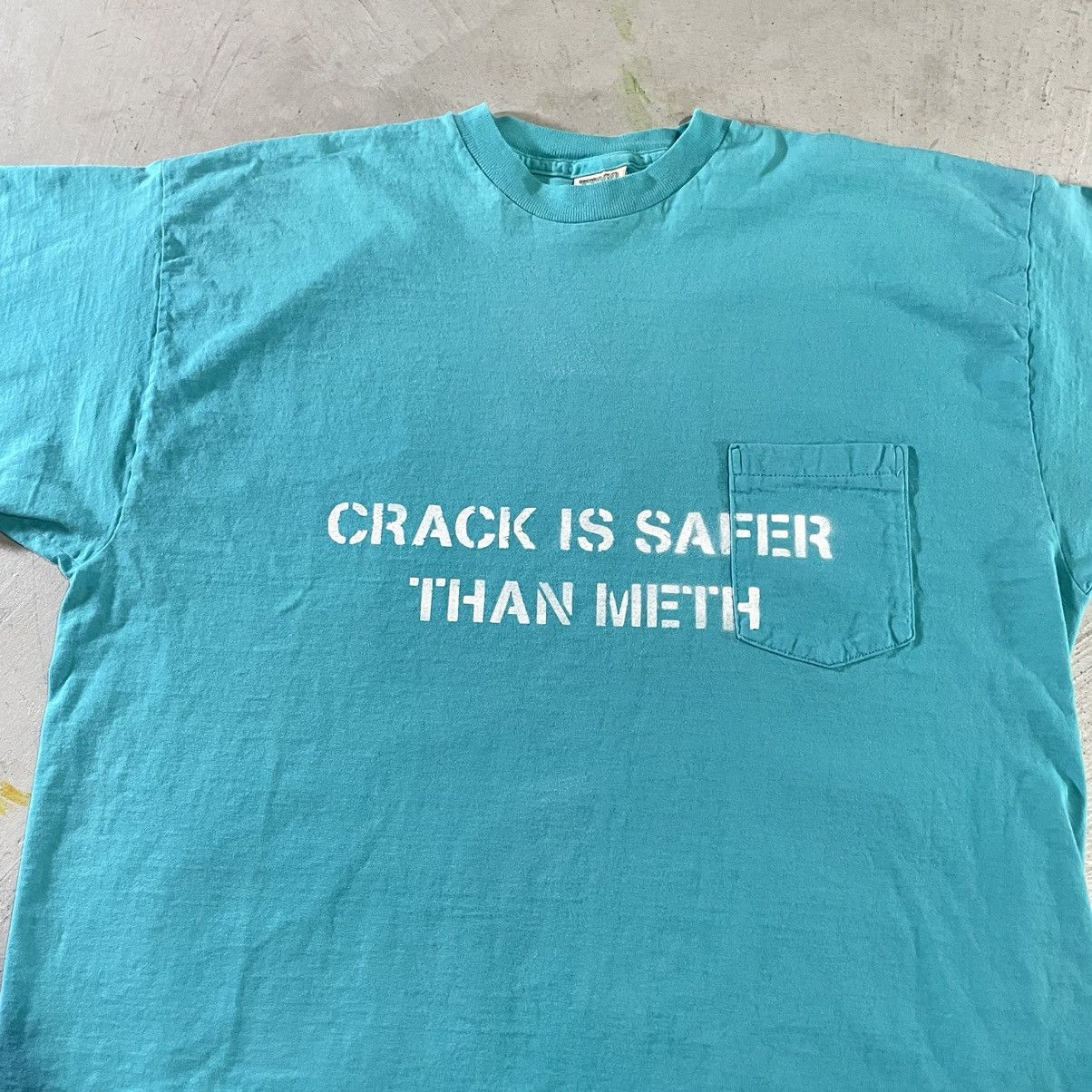 Art × Humor × Vintage CRACK IS SAFER THAN METH 90s teal blank drug joke ...