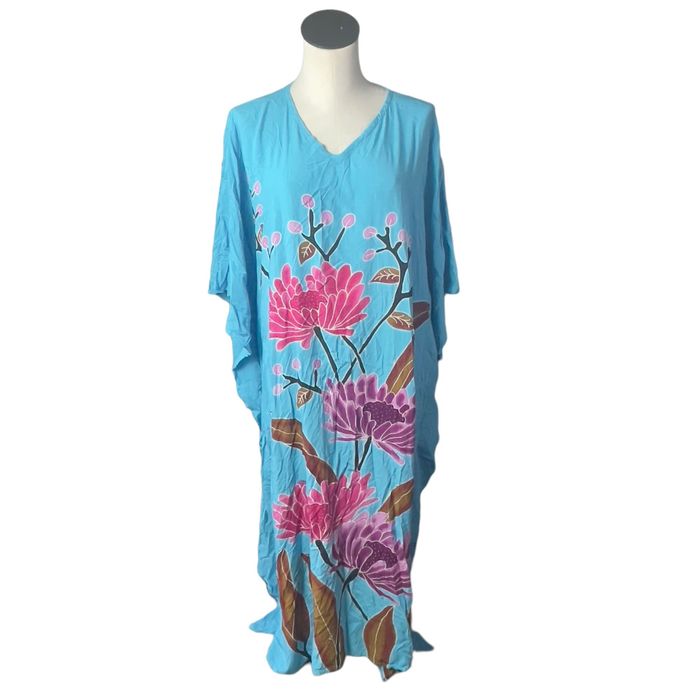 Unknown London Cool Kaftan Blue Floral Hand Painted Mumu Dress One Size ...