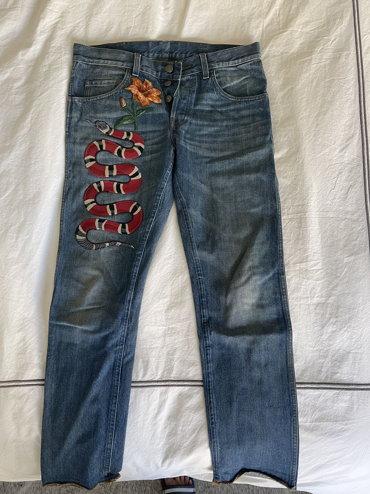 Gucci Gucci Snake Embroidered Blue Denim Jeans | Grailed