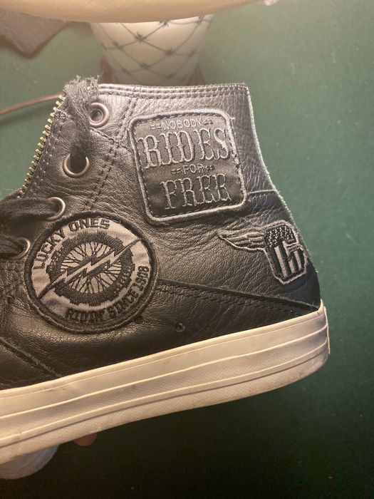 Converse Black Leather Converse Hi-Top with Patches | Grailed
