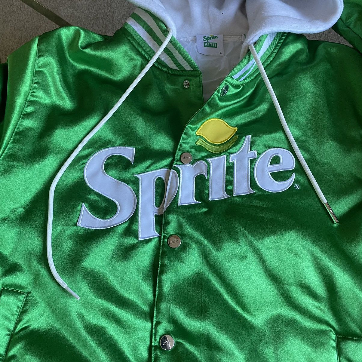 Coca Cola × Kith Sprite Hooded Satin Varsity Jacket | Grailed