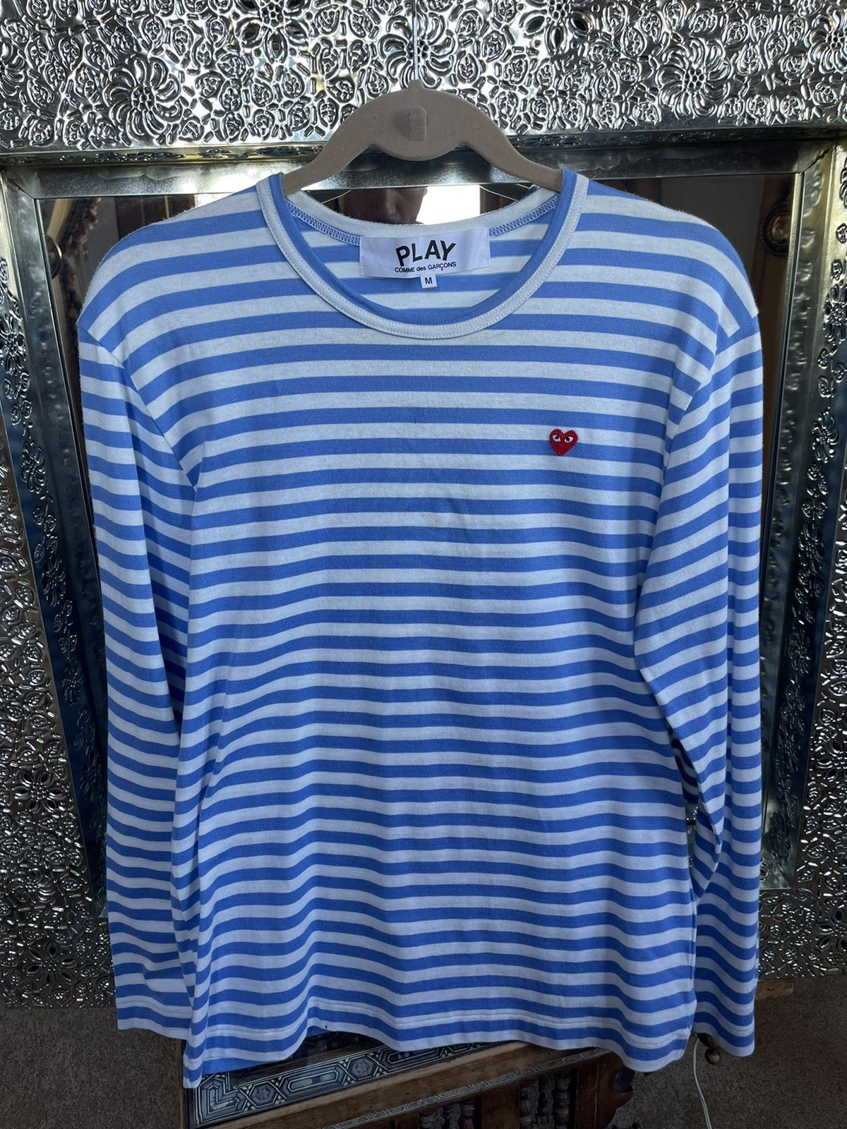 Comme des Garcons CDG Blue & White Stripe Heart Longsleeve Tee | Grailed