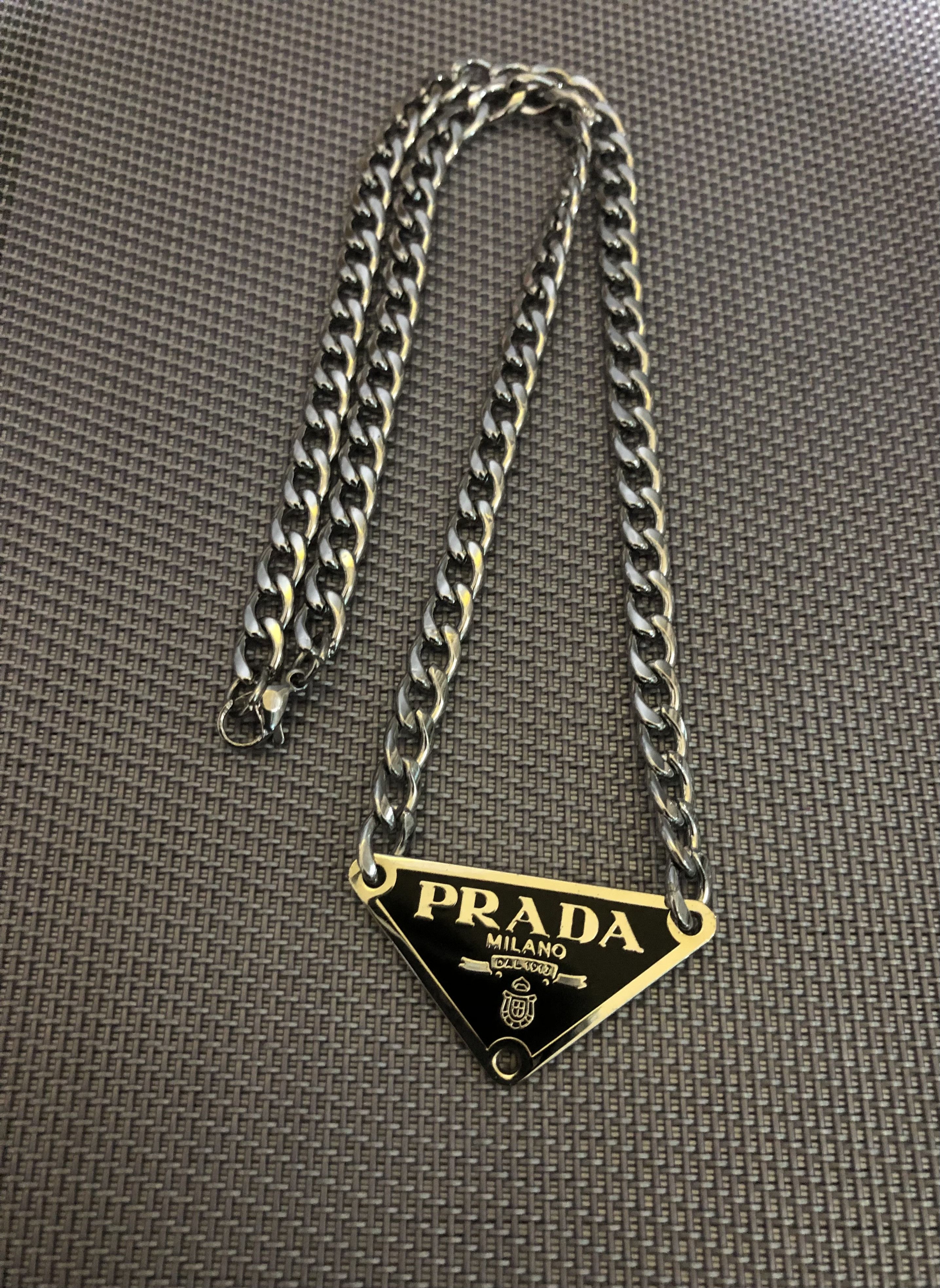 Custom × Prada 💥Prada Milano Black triangle pendant on Necklace Chain ...