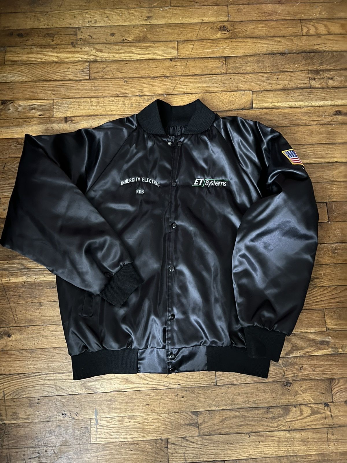 Archival Clothing × Vintage 80s clean worker man satin black varsity ...
