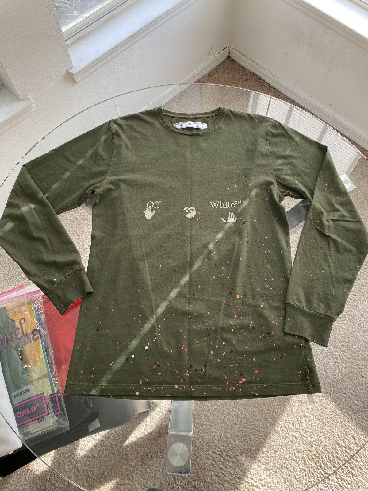 Off-White Off white paint splatter olive green long sleeve tee | Grailed