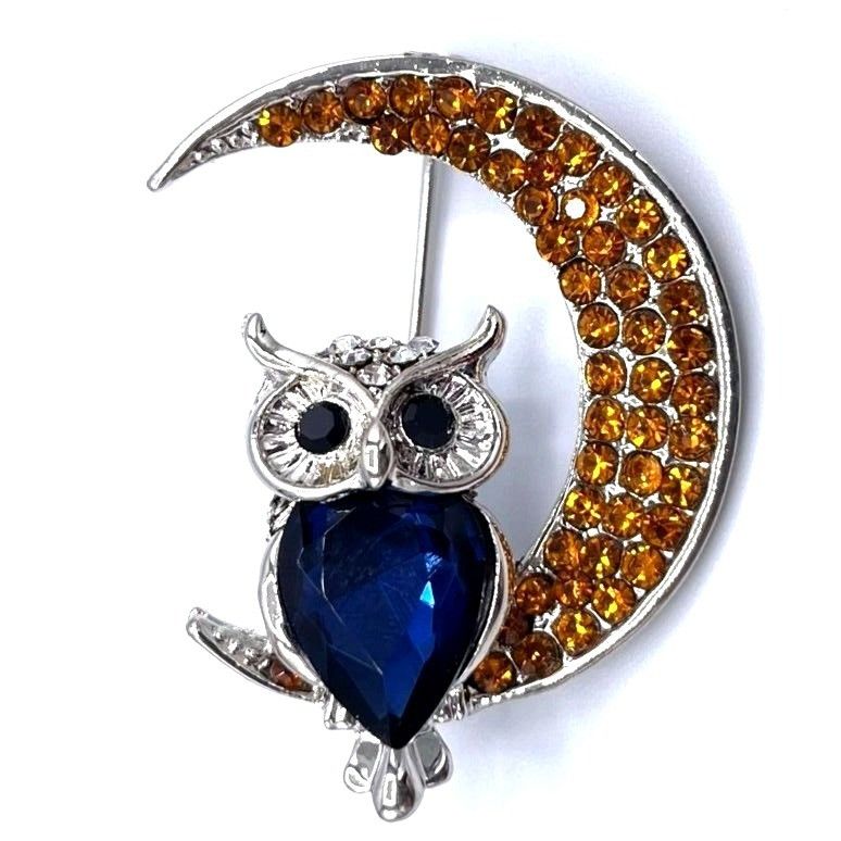 Jewelry Silver with Blue and Citrine Crystal Owl and Moon Brooch | Grailed