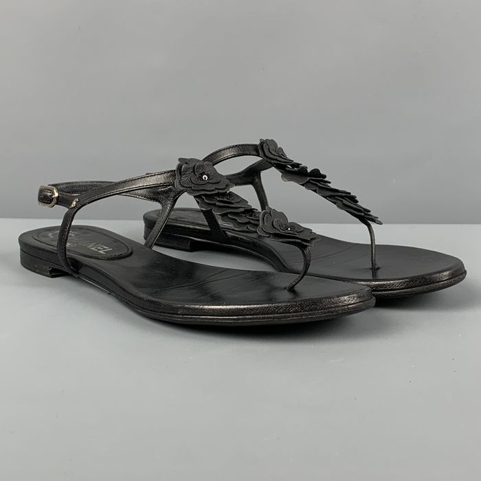 Chanel Black Leather Flower Applique Flat Sandals | Grailed