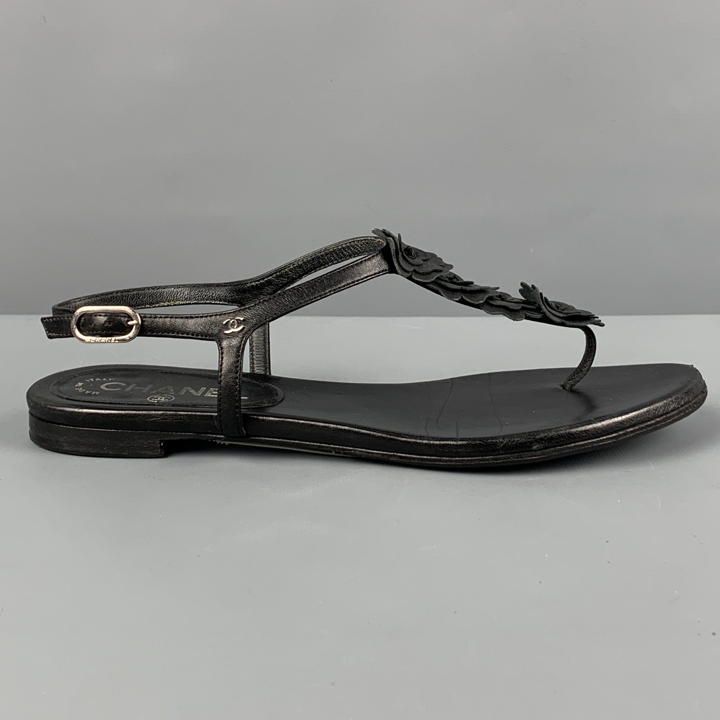 Chanel Black Leather Flower Applique Flat Sandals | Grailed