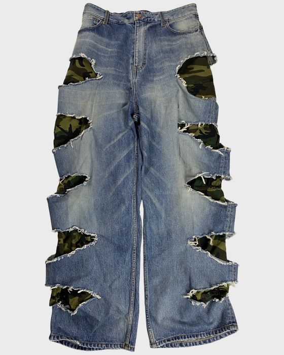 Balenciaga Slashed jeans in blue with camo Cargo pants layering | Grailed