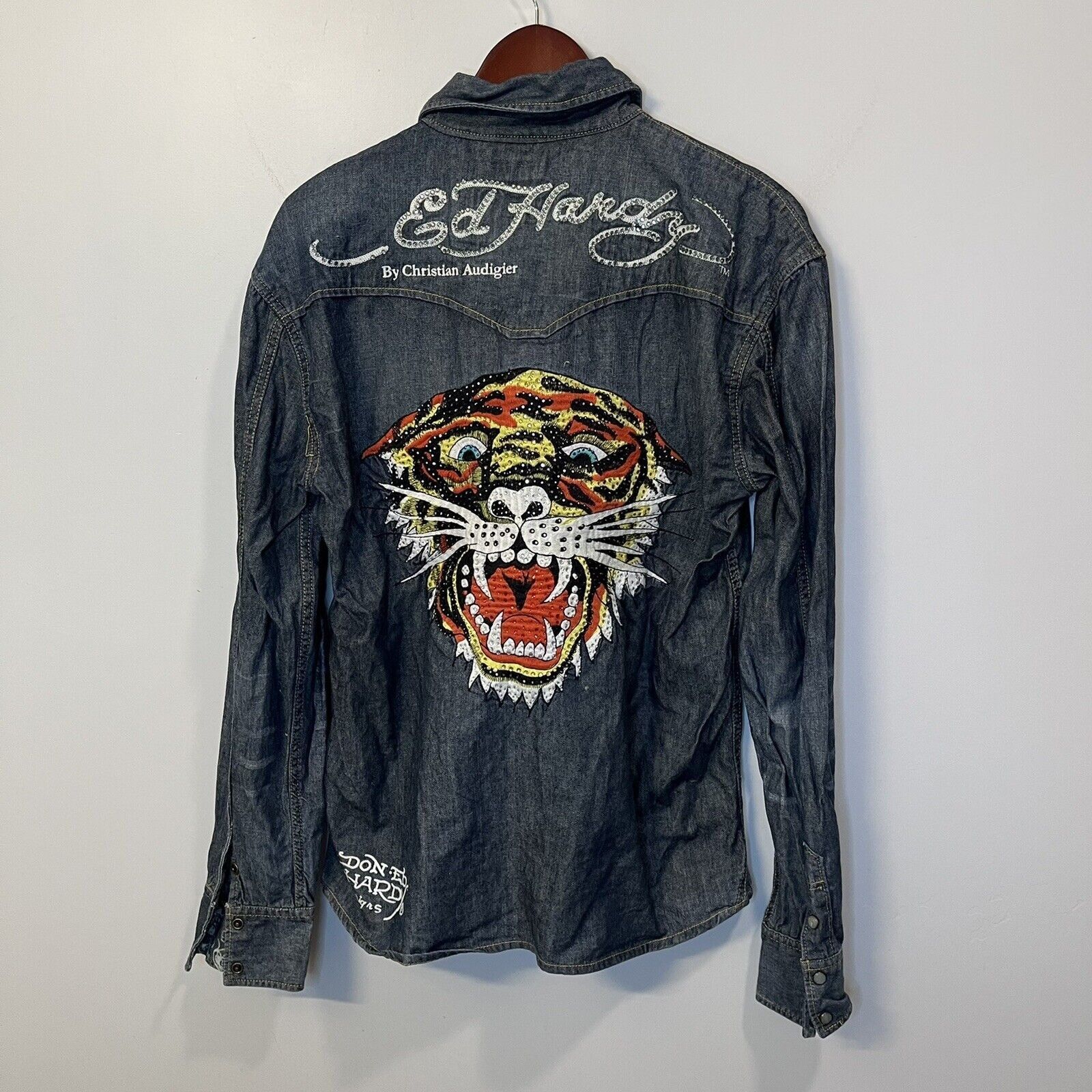 Ed Hardy vtg Ed Hardy Button Up Long Sleeve Jean Shirt Embroidered ...
