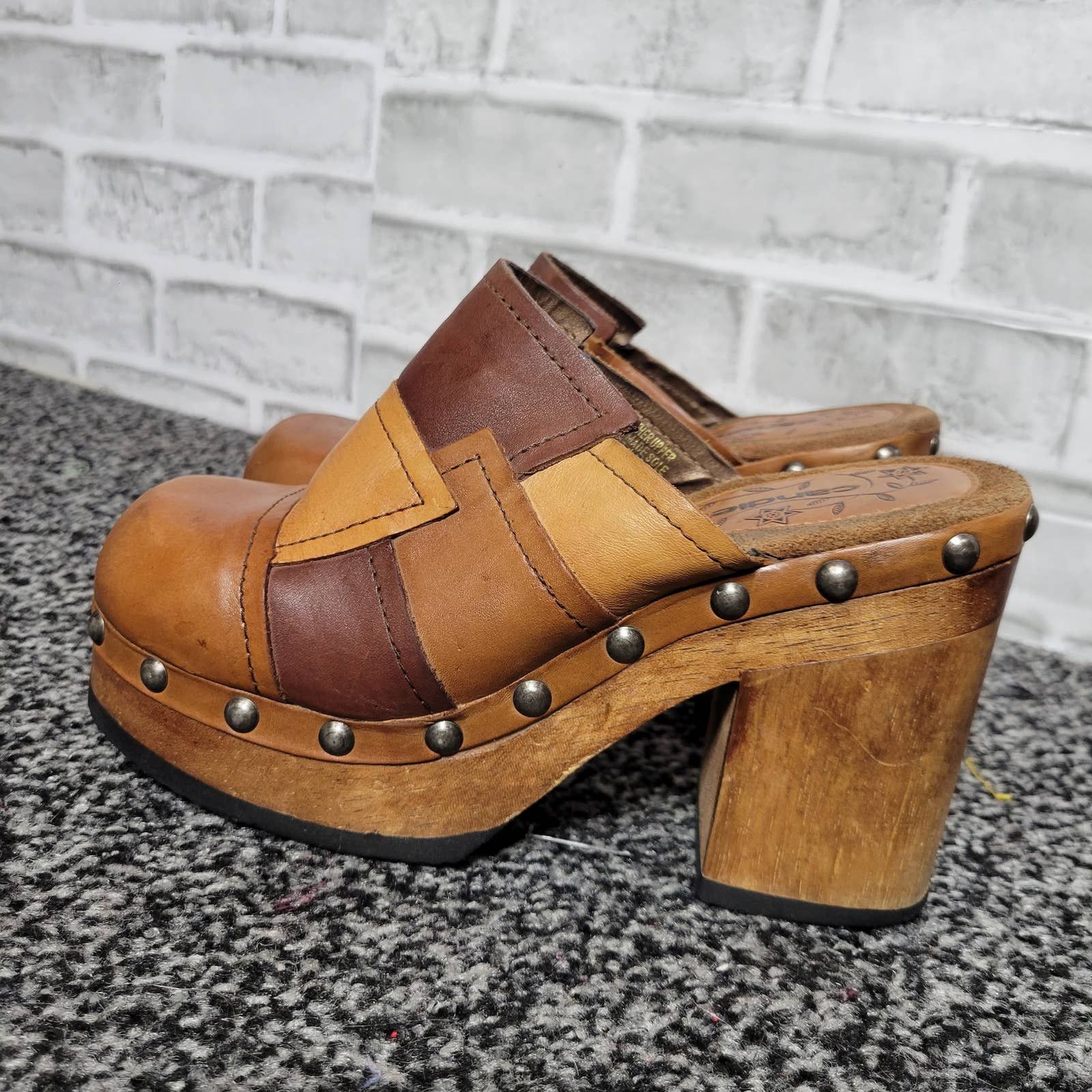 Vintage Vintage 90s Y2K Leather Patchwork Wooden Clog Heels | Grailed