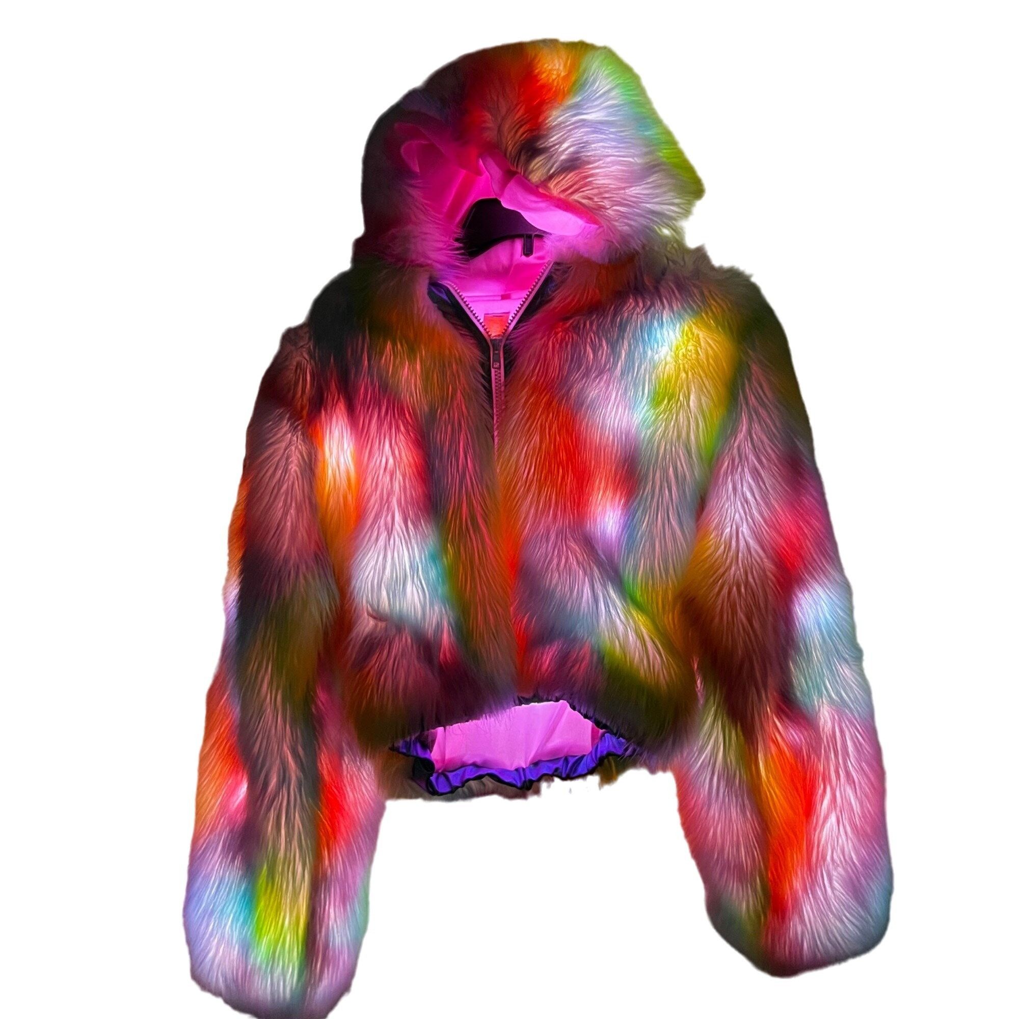 Designer J Valentine Crop Jacket Rainbow Coat Light Up Faux Fir Hood ...