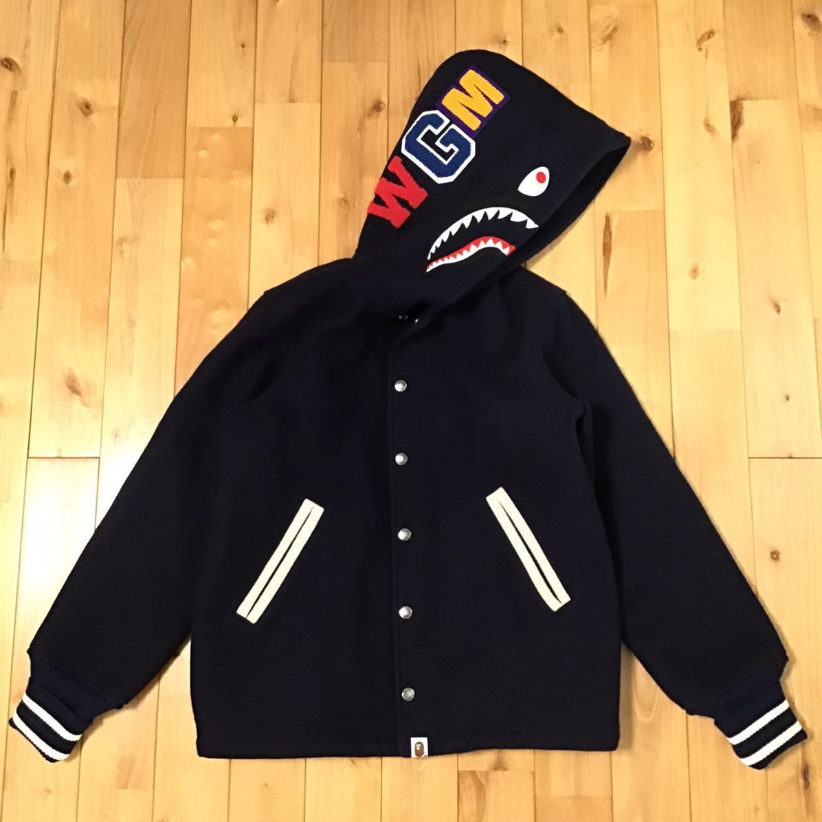 Bape BAPE Melton SHARK HOODIE VARSITY JACKET a bathing ape | Grailed