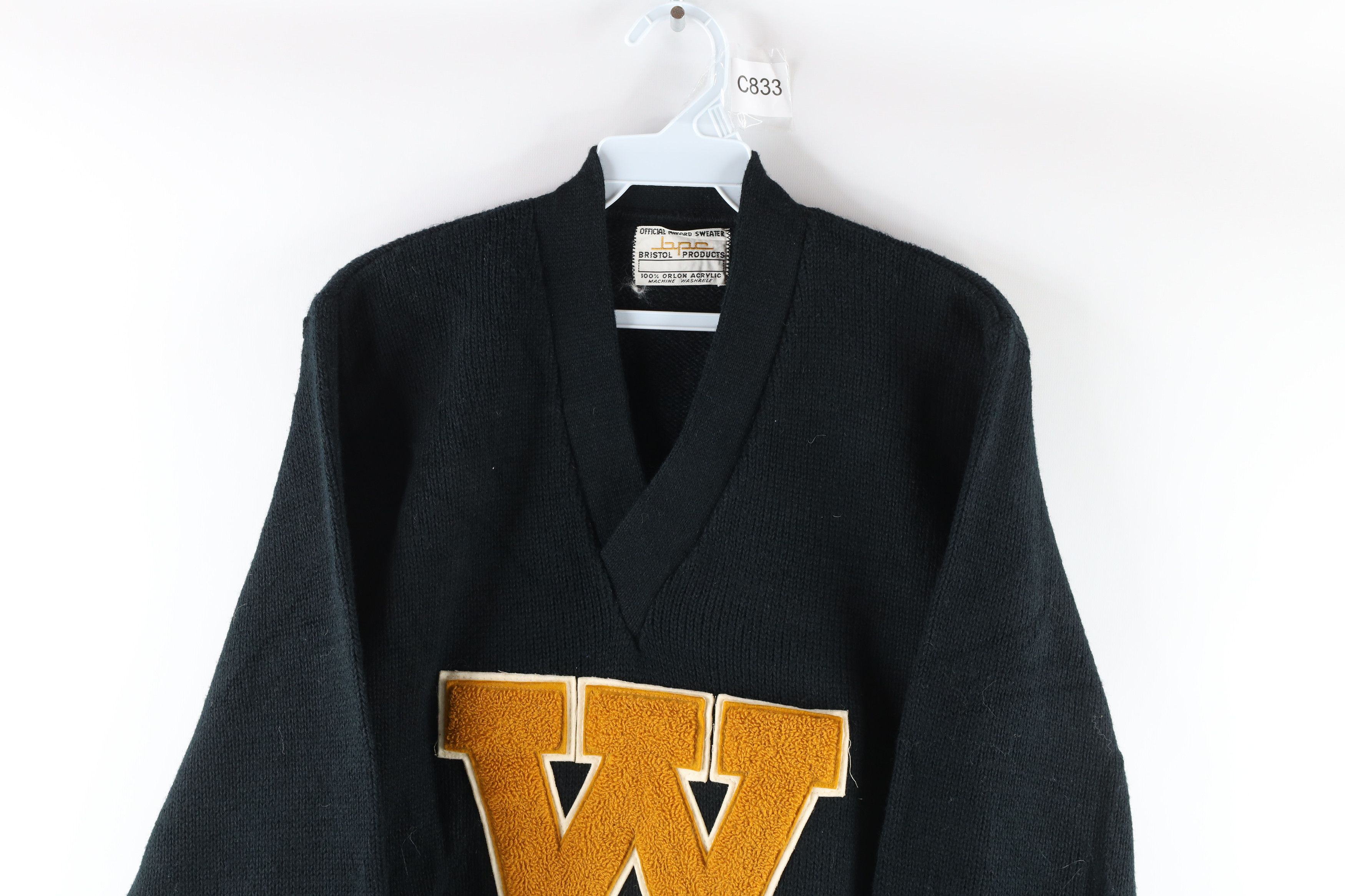 Vintage Vintage 70s W Varsity Letterman V-Neck Sweater Black USA | Grailed