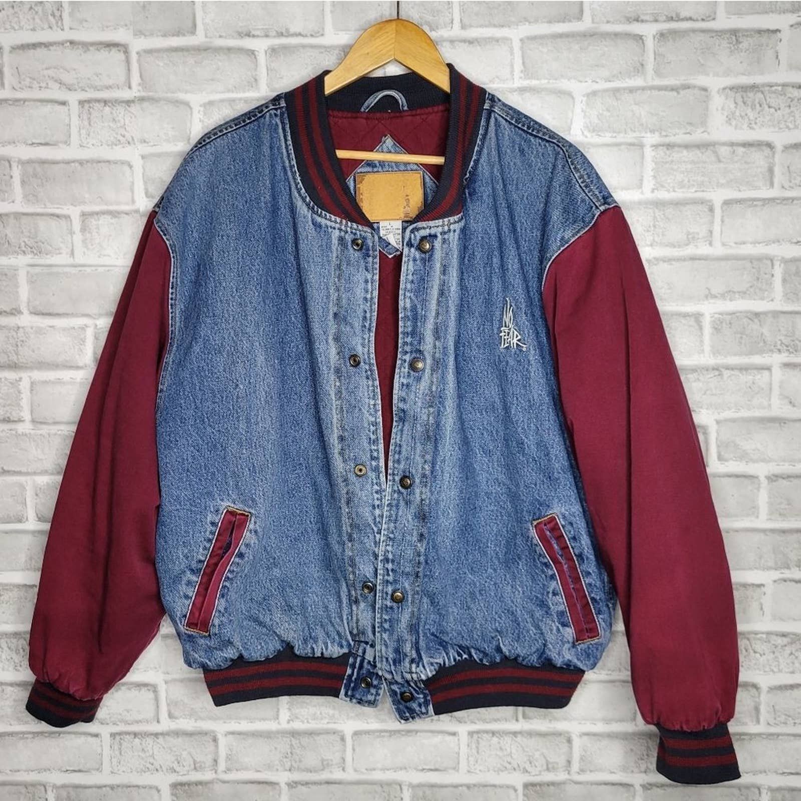 No Fear Vintage 90s No Fear Denim & Maroon Varsity Jacket | Grailed