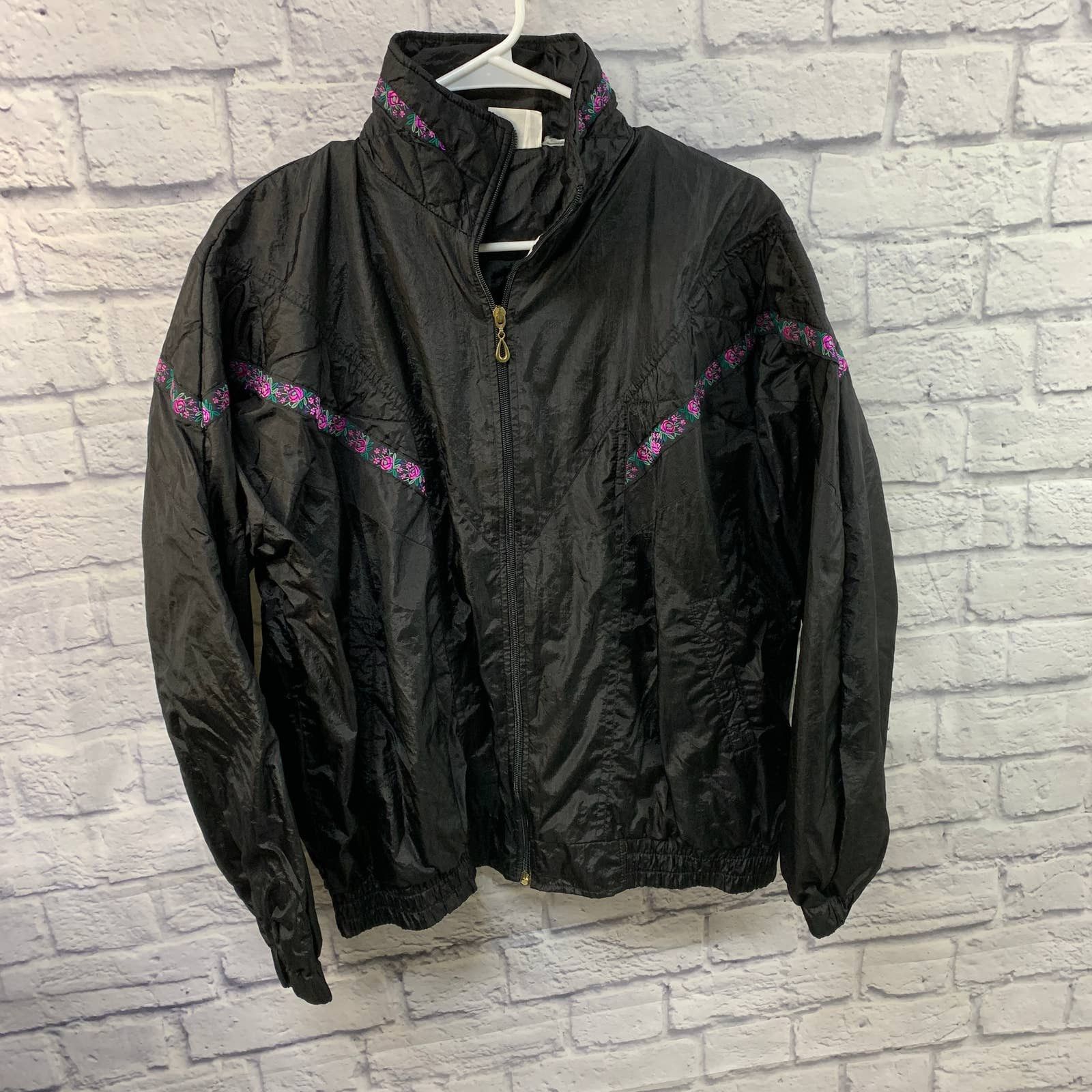 Basic Editions Vintage Black with Purple Floral Embroidery Windbreaker ...