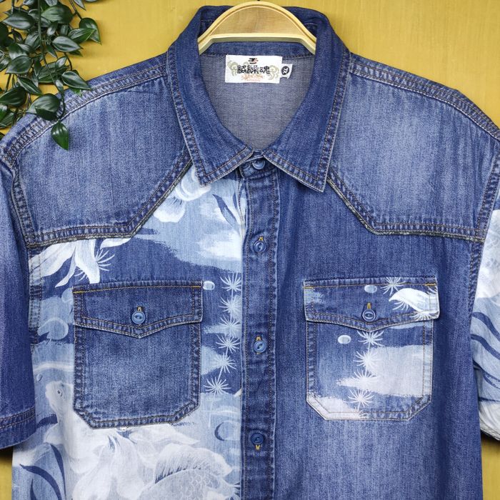 Vintage Karakuri Tamashi Gold Fish Denim button up shirt | Grailed