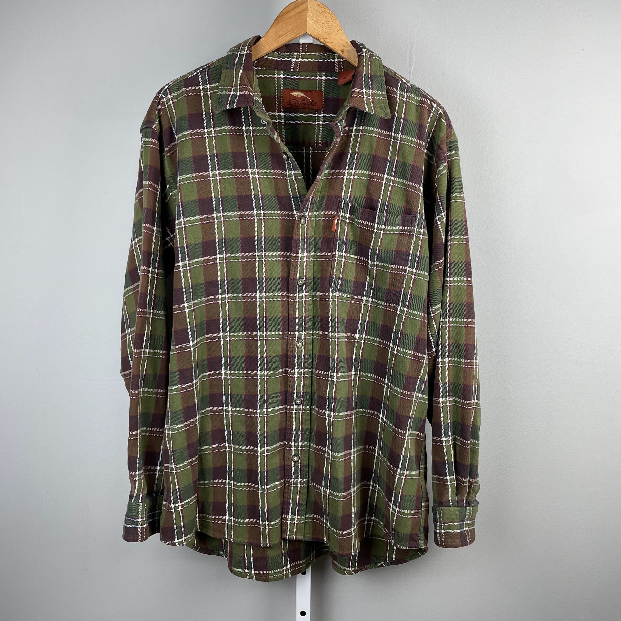 Bass Pro Shops Mens Bob Timberlake Olive & Brown Plaid Flannel Shirt L ...