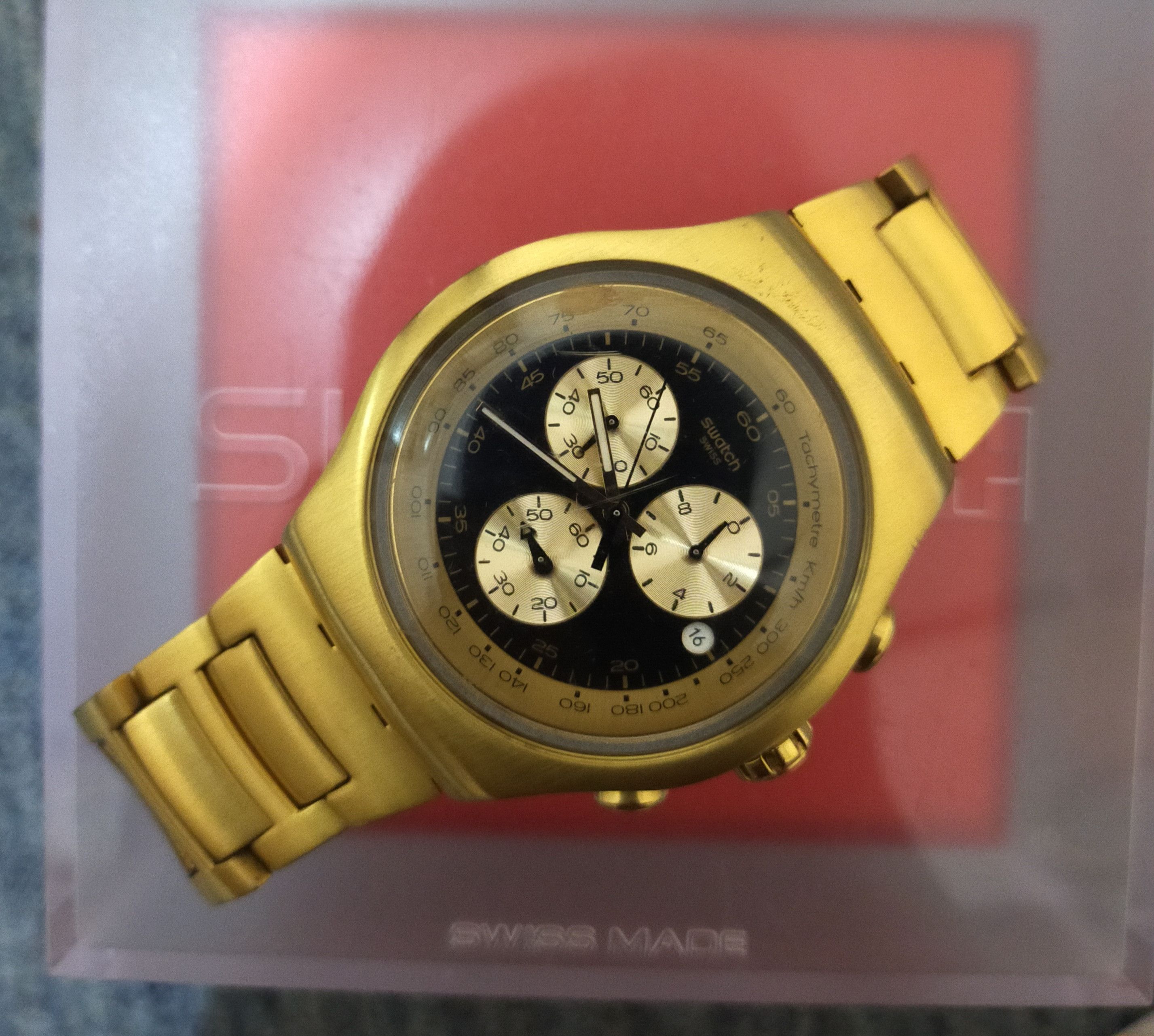 Very Rare RARE SWATCH IRONY CHRONO WATCH GOLDEN GOLD BLOCK BLACK | Grailed