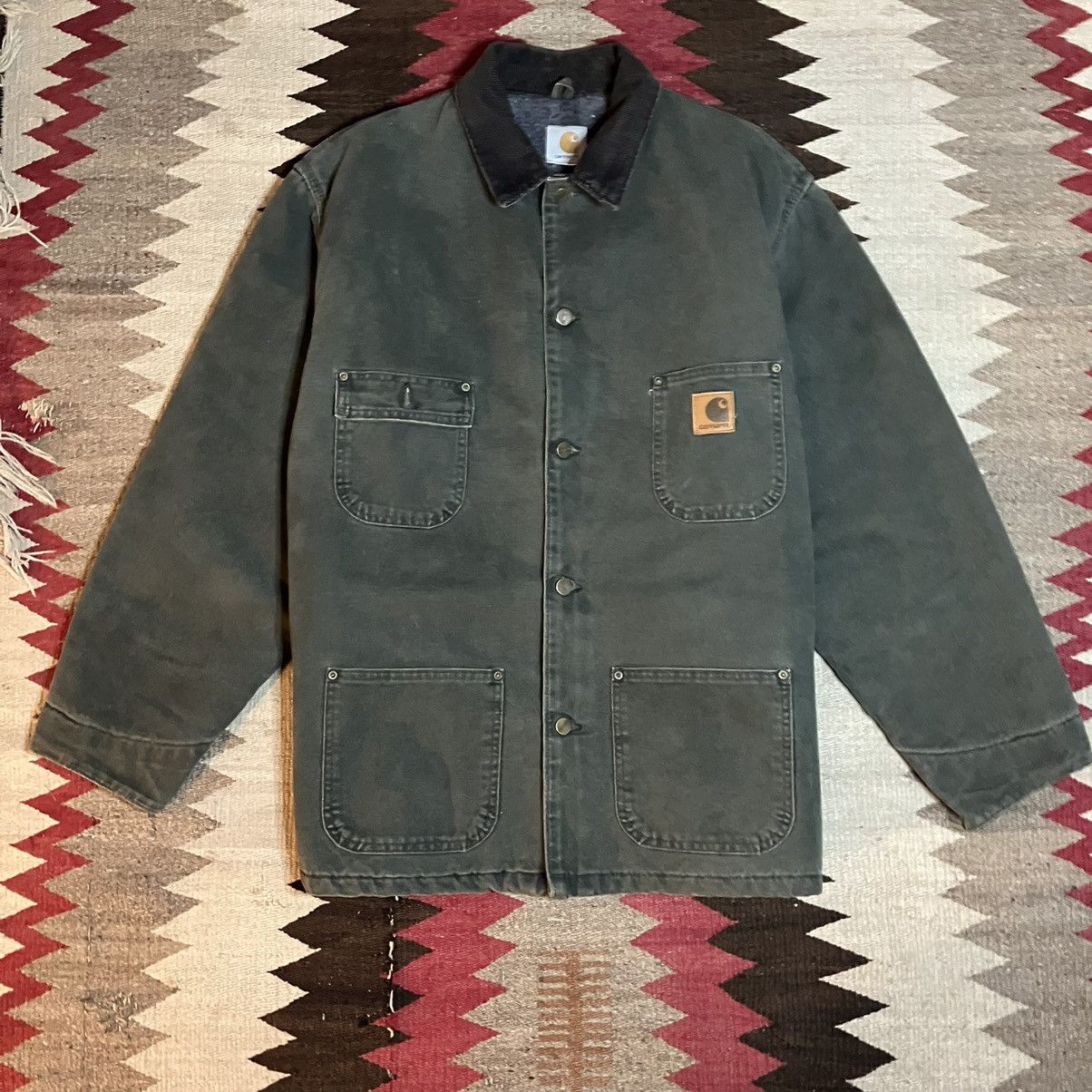 Carhartt × Made In Usa × Vintage Vintage 1990s Carhartt Olive Green Blanket Lined Chore Coat ...