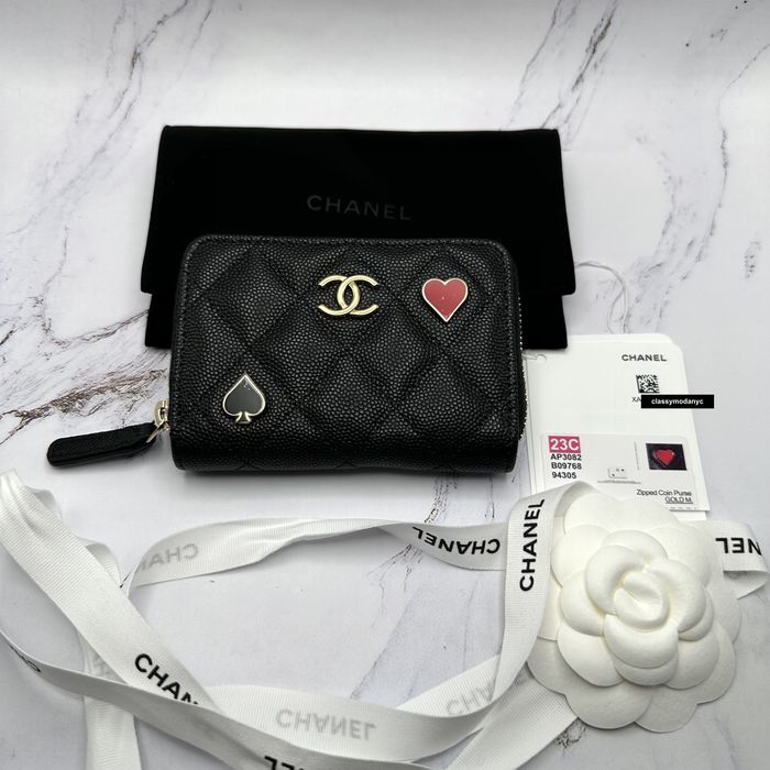 Chanel 23C Black Caviar Red Heart Enamel Zipper Card Holder Wallet ...