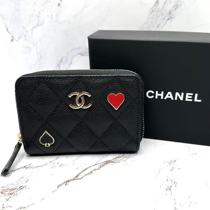 Chanel 23C Black Caviar Red Heart Enamel Zipper Card Holder Wallet ...