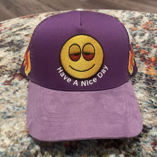 Snap Back GAS NYC Smiley Face Mesh Trucker Snapback Hat Suede Flames ...