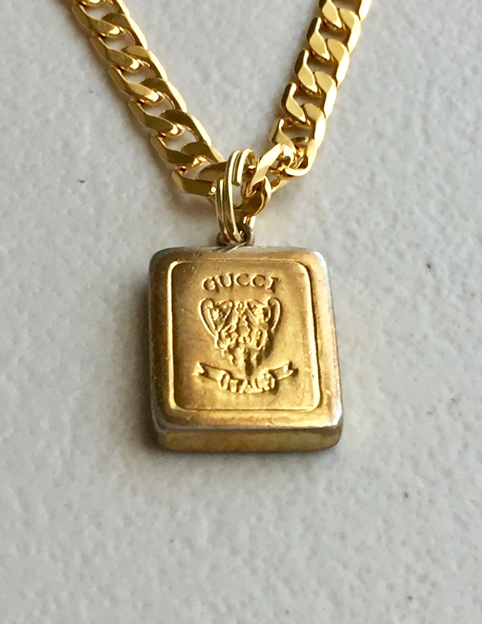 Gucci 24" | Gold Plated Crest Logo Slab Pendant on 14K Gold Plated ...