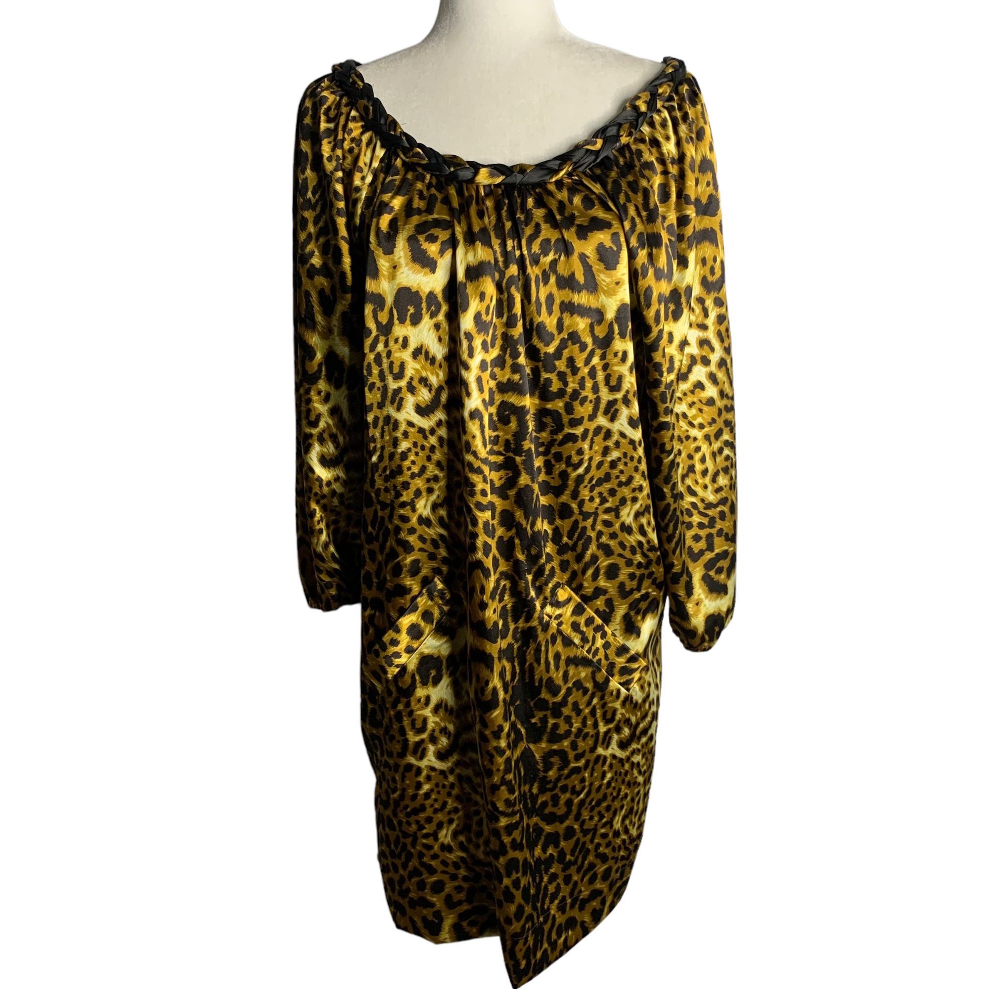 Vintage Vintage 90s Leopard Print Shift Dress L Brown Braided Collar ...