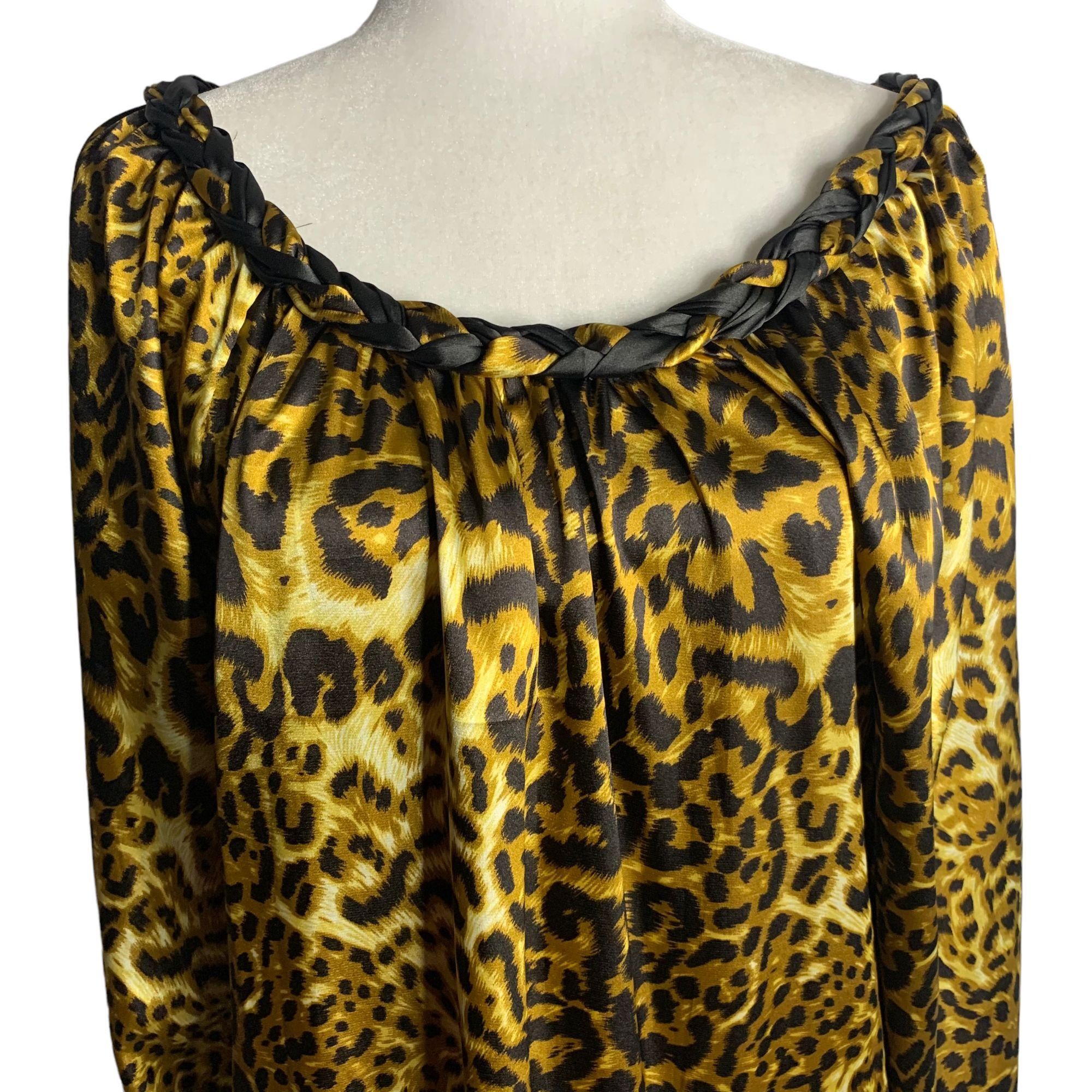 Vintage Vintage 90s Leopard Print Shift Dress L Brown Braided Collar ...