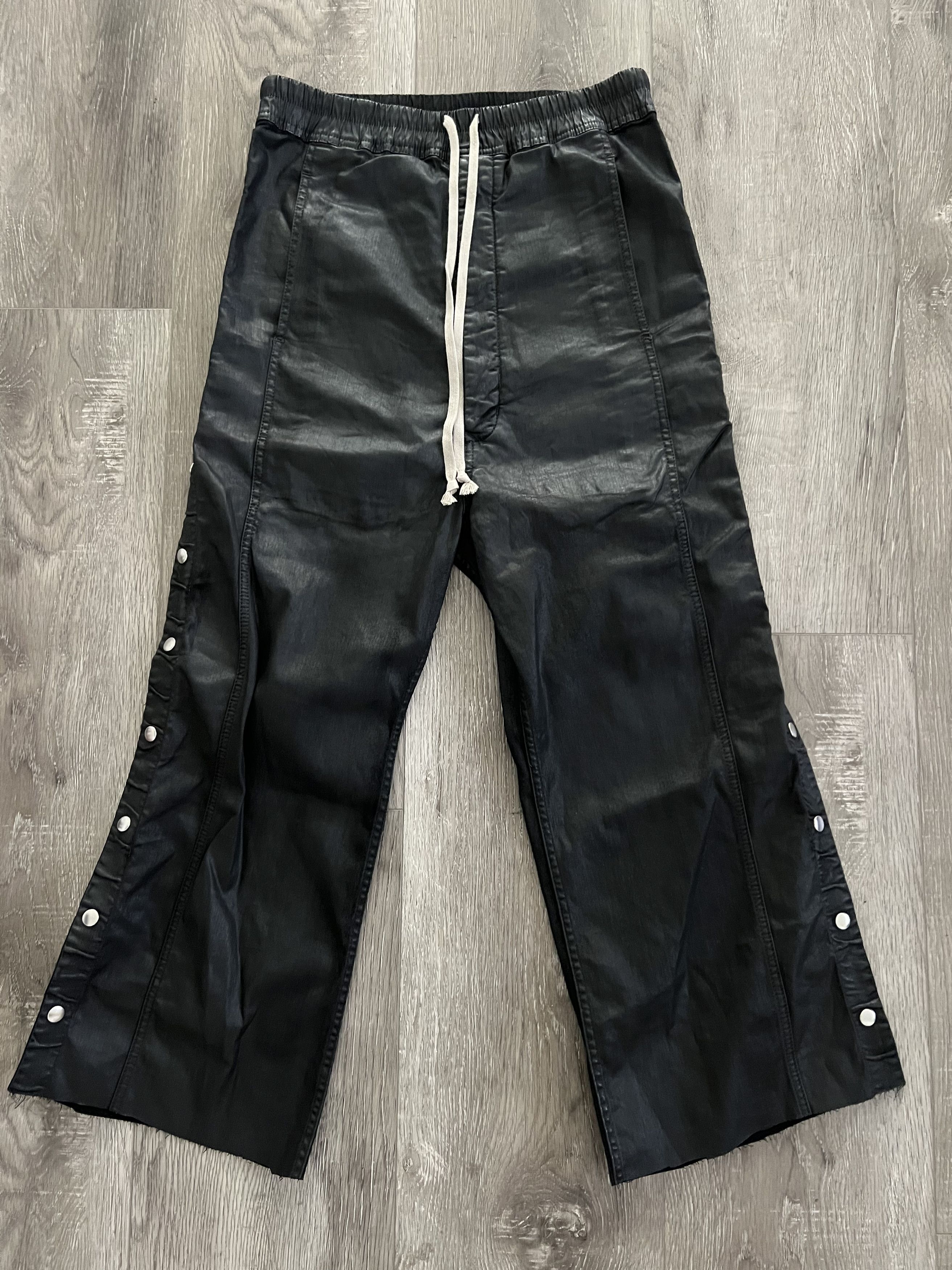 Rick Owens *FINAL*Pusher Pants in Black Wax Stretch Denim (raw cut hem ...